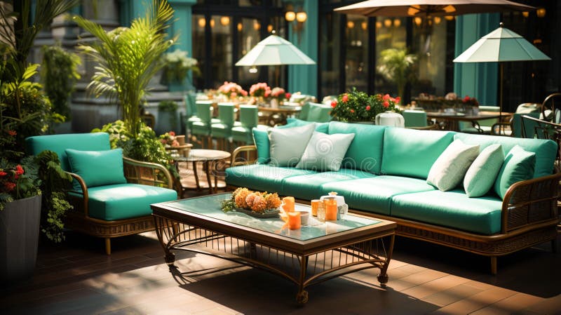 Cafe Terrace with Turquoise Sofas with Green Color Concept Stock Photo ...