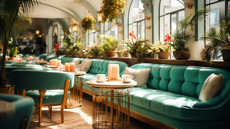Cafe Terrace with Turquoise Sofas with Green Color Concept Stock Image ...