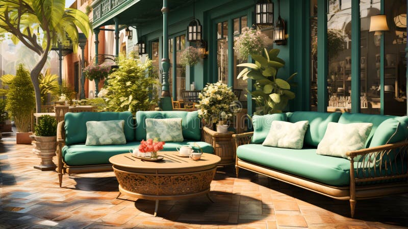 Cafe Terrace with Turquoise Sofas with Green Color Concept Stock Photo ...