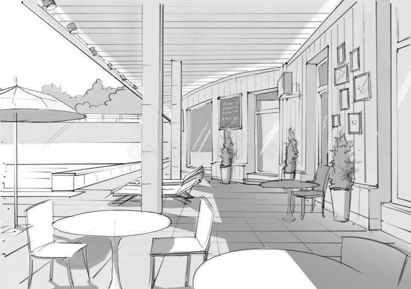 Cafe Terrace with a Wooden Wall Stock Illustration - Illustration of ...