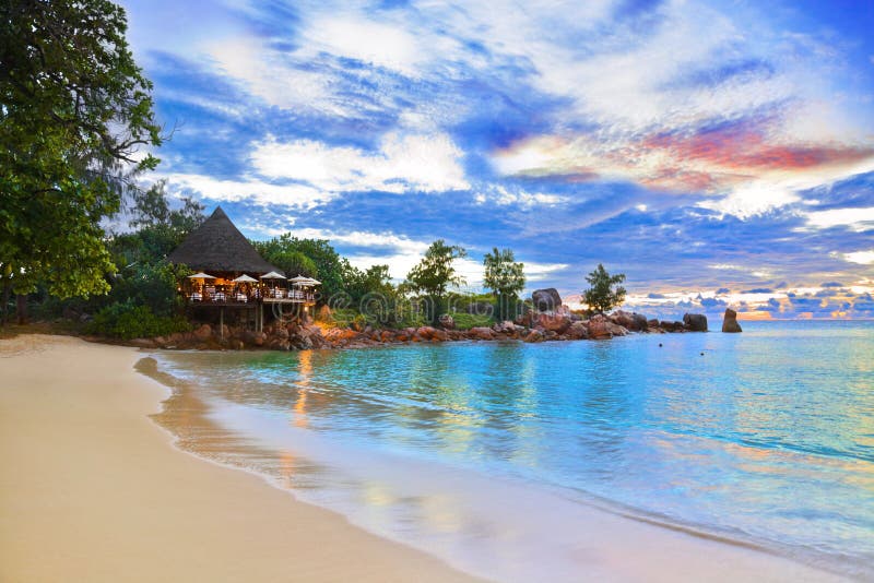 Cafe on Tropical Beach at Sunset Stock Image - Image of beach ...