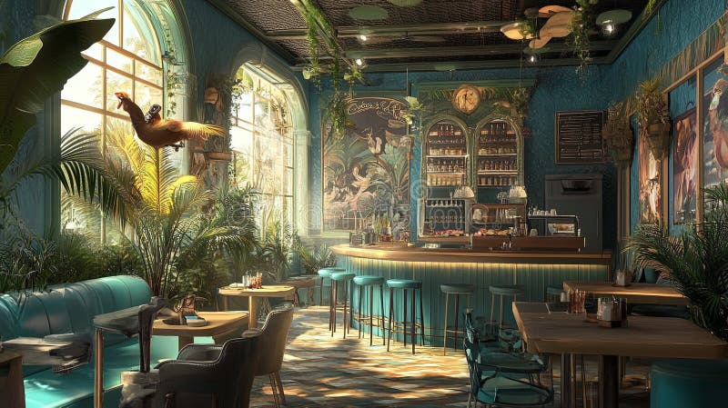 Cafe with a Tropical Pet Theme, Featuring Playful Monkeys and Birds ...