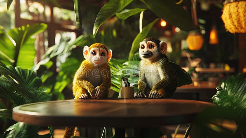 Cafe Tropical Pet Theme Featuring Playful Monkeys Birds Stock Photos ...