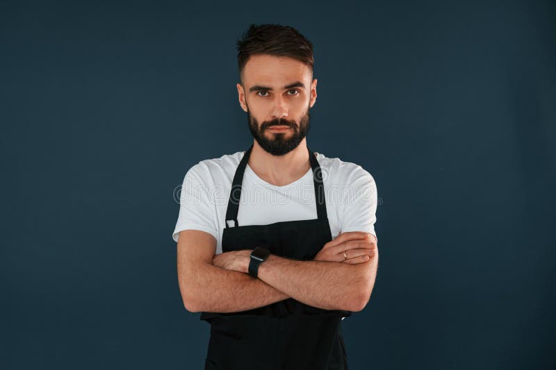 Cafe Worker is in Apron. Handsome Man is in the Studio Against Blue ...