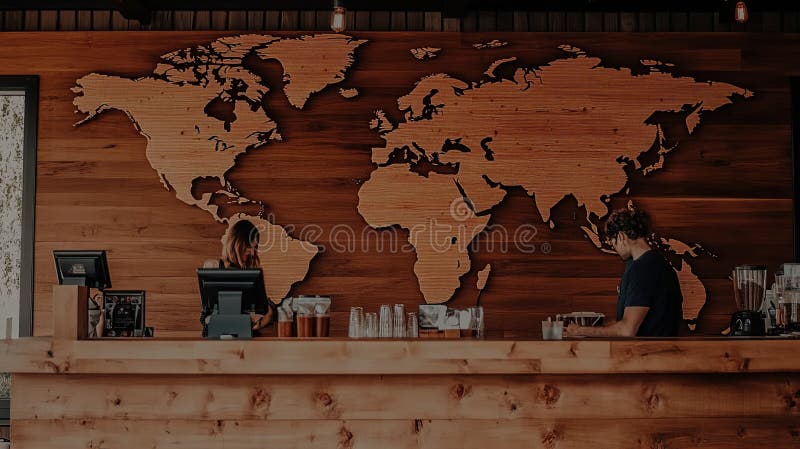 Cafe Workers Prepare Drinks, World Map Backdrop Stock Image - Image of ...