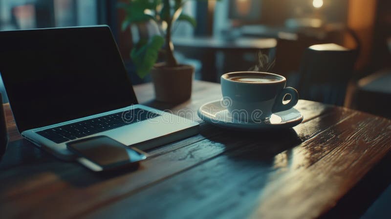 Cafe Workspace Working with a Cup of Coffee Stock Illustration ...