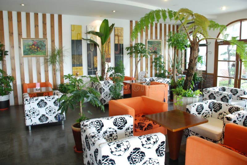 Cafeteria with Green Tropical Indoor Plant Stock Image - Image of sofa ...