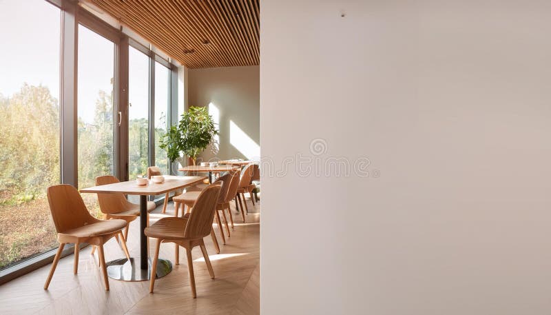 Cafeteria Interior with Cozy Dining Space Near Panoramic Window. Mockup ...