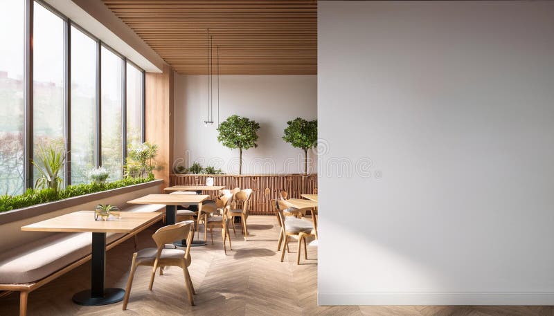 Cafeteria Interior with Cozy Dining Space Near Panoramic Window. Mockup ...