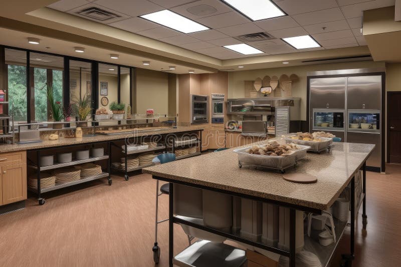 Cafeteria Kitchen with Countertop Cooking Stations and Food ...