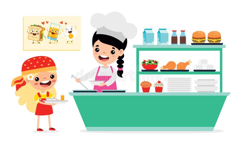 Cafeteria Scene with Cartoon Characters Stock Illustration ...