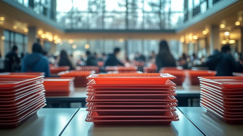 Cafeteria Setting with Stacked Red Trays and Students Dining Stock ...