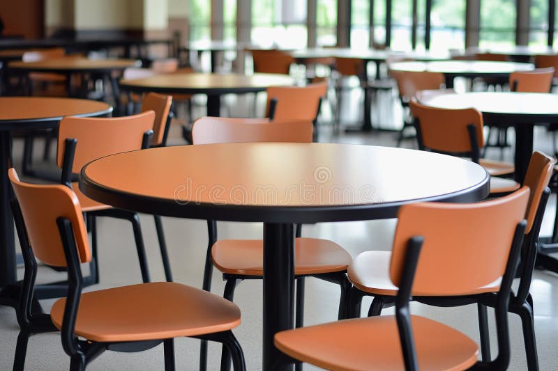 Cafeteria Space with Orange Laminate Seating and Tables Arranged for Dining Stock Photo - Image ...