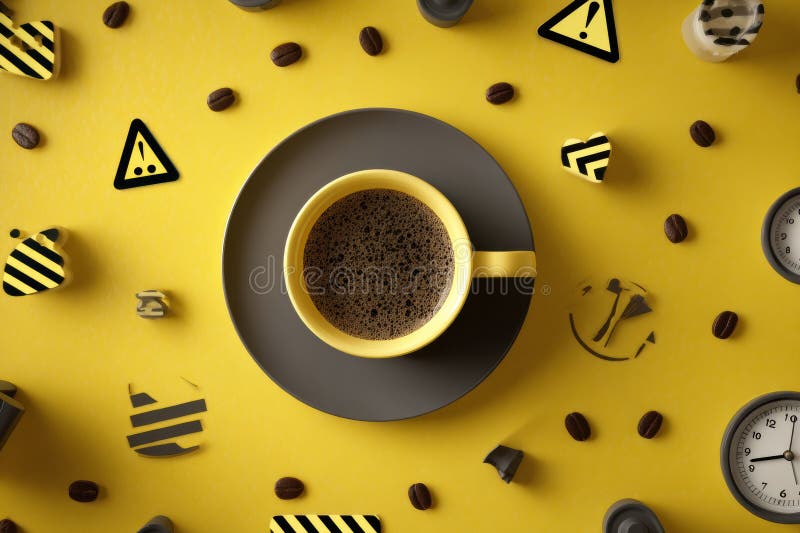 Caffeine and Caution Represented through Coffee Cup Amidst Warning ...