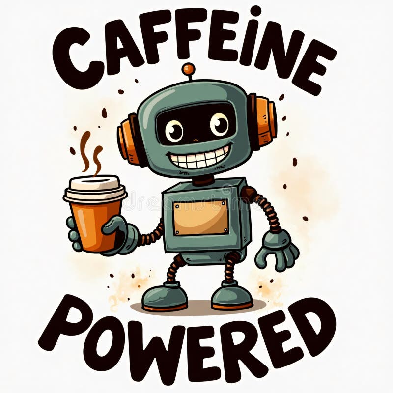 Caffeine Powered Robot Cartoon T-Shirt Design Stock Illustration ...