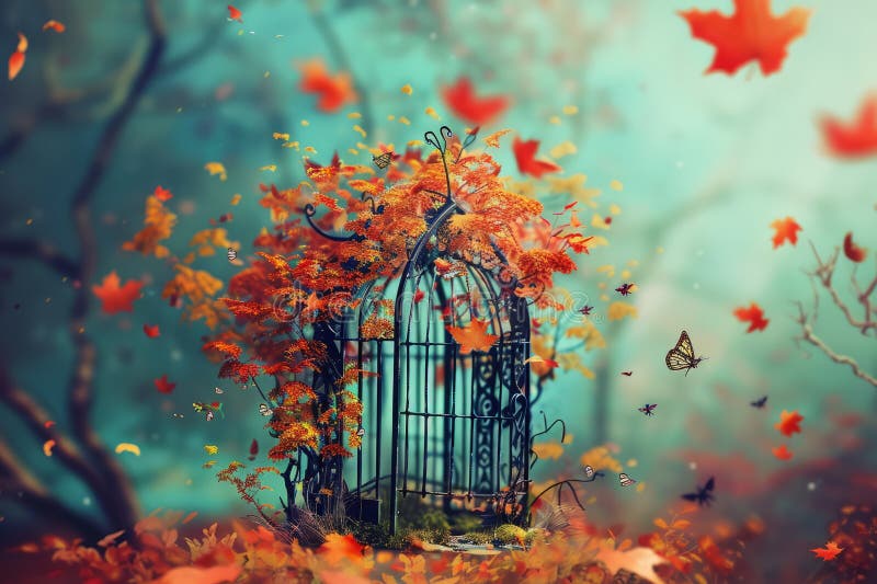 A Cage with a Bird Inside and Leaves Falling Around it Stock ...