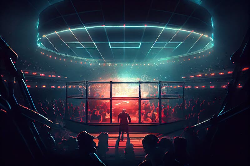 Cage Fight Arena, with Cheering Crowd and Flashing Lights, during the ... Cage Fight Arena, with Cheering Crowd and Flashing Lights, during the ...