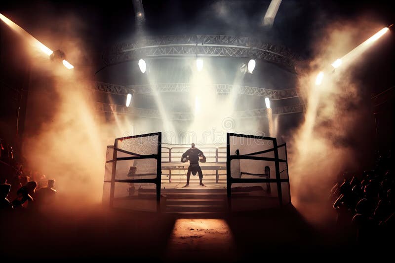 Cage Fight Arena with Dramatic Lighting and Smoke Machines, Setting the ...