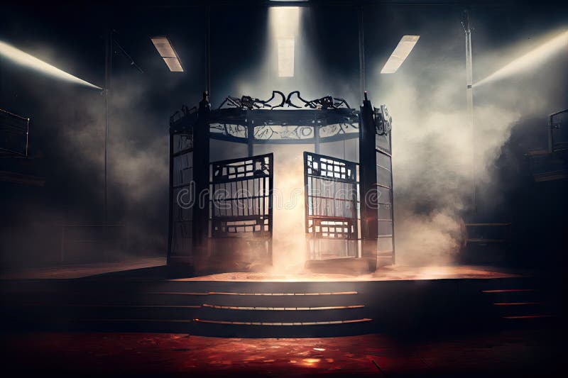Cage Fight Arena with Dramatic Lighting and Smoke Machines, Setting the ...