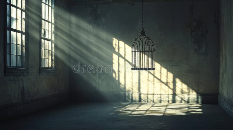 A Cage is Hanging from the Ceiling in a Room with a Window Stock ...