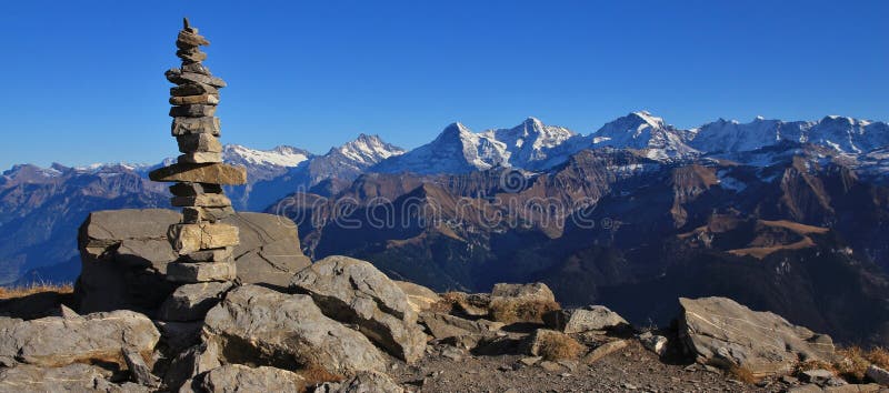 Cairn on Mount Niesen and View of Eiger, Monch and Jungfrau Stock Photo ...