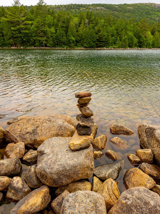 Cairn Rock Stack by the River. Acadia National Park Stock Image - Image ...