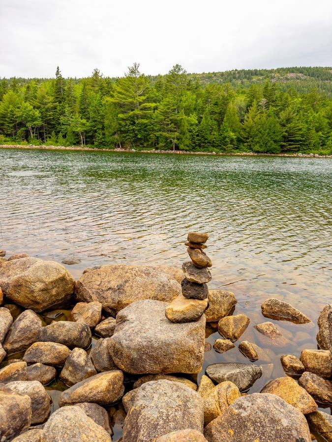 Cairn Rock Stack by the River. Acadia National Park Stock Photo - Image ...