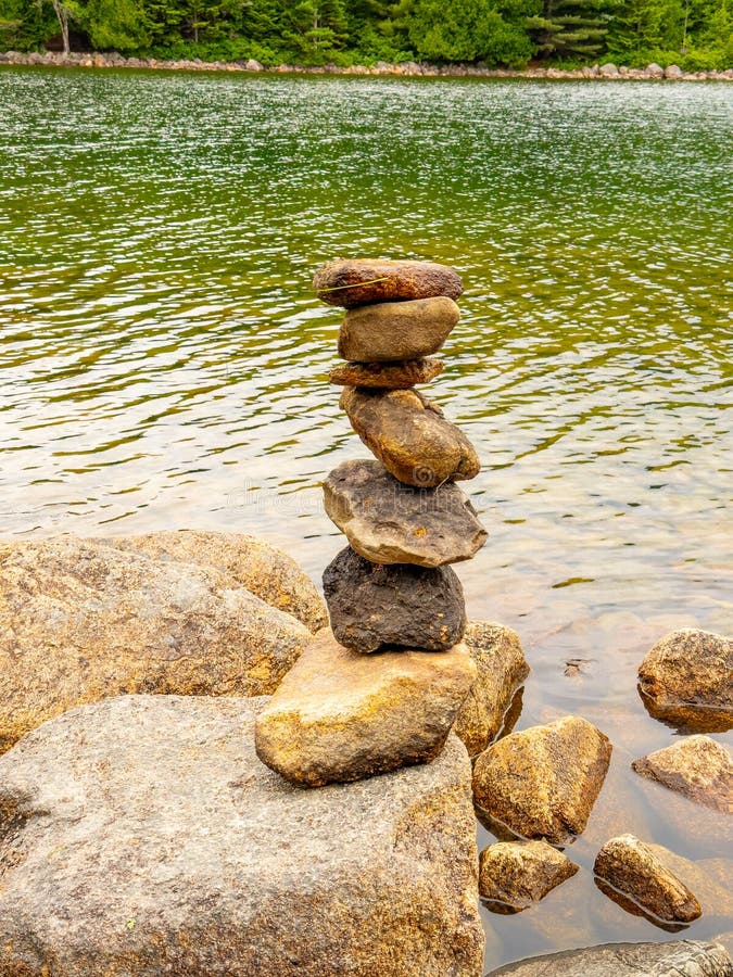 Cairn Rock Stack by the River. Acadia National Park Stock Image - Image ...