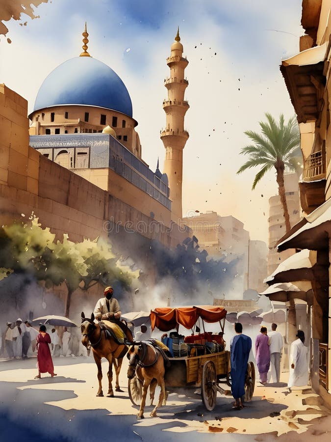 Cairo City Egypt Watercolor Art Stock Illustration - Illustration of ...