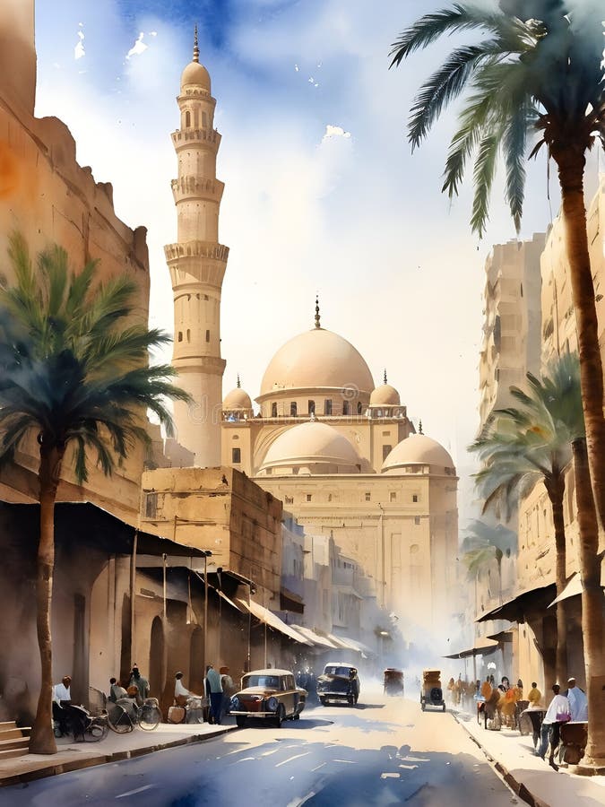 Cairo City Egypt Watercolor Art Stock Illustration - Illustration of ...