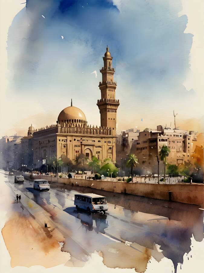 Cairo City Egypt Watercolor Art Stock Illustration - Illustration of ...