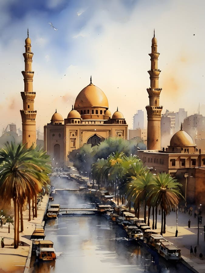 Cairo City Egypt Watercolor Art Stock Illustration - Illustration of ...