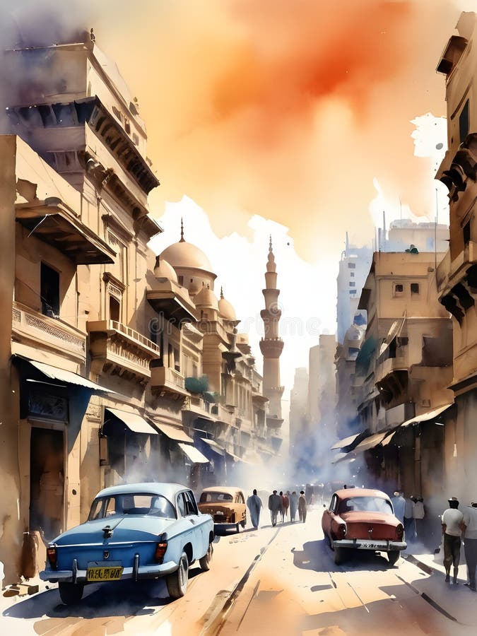 Cairo City Egypt Watercolor Art Stock Illustration - Illustration of ...
