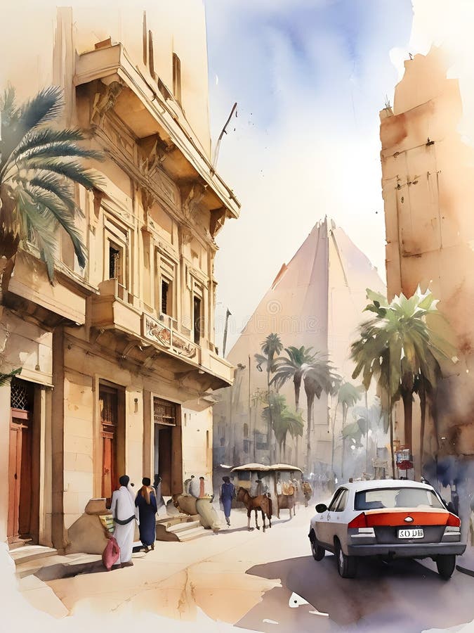 Cairo City Egypt Watercolor Art Stock Illustration - Illustration of ...