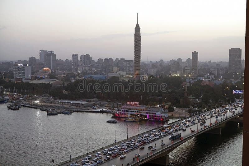 Cairo Cityscape with Egyptian Tower and Nile River Stock Image - Image ...