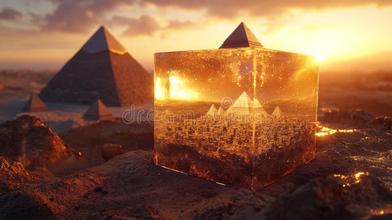Cairo Crystal Cube 3D Miniature Cityscape with Desert Sunset Stock ...