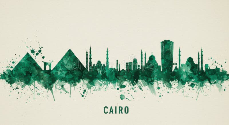 Cairo Silhouette: Green Artistic Skyline Featuring Iconic Pyramids and ...