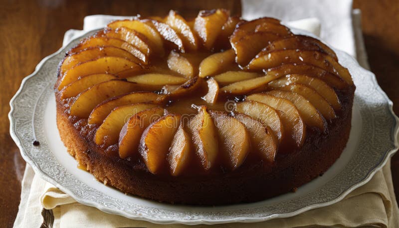 A Cake with Apples and Caramel on a White Plate Stock Illustration ...
