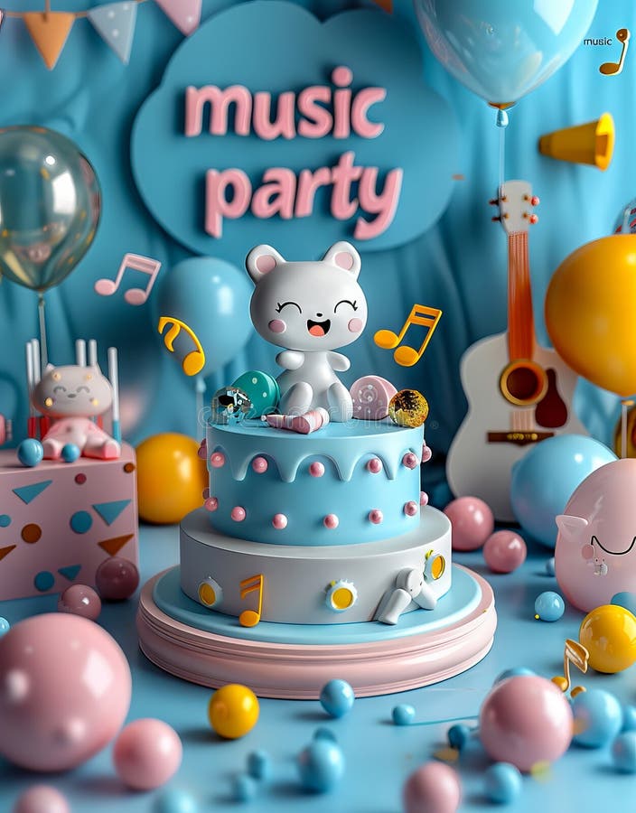 A Cake with Balloons and Music Notes Stock Image - Image of decorate ...