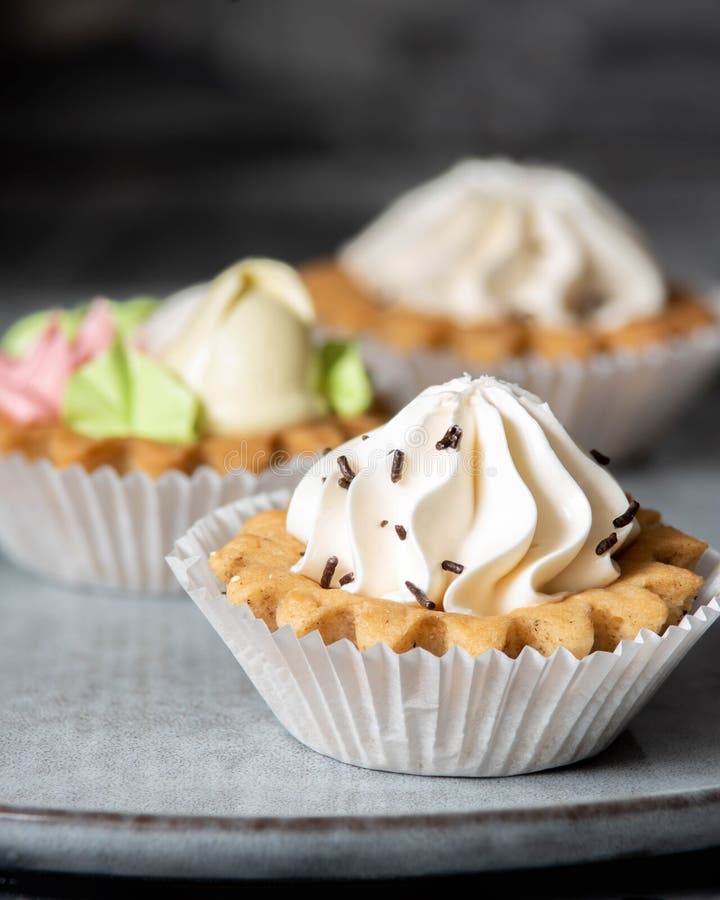 Cake Baskets with Cream and Chocolate Chips, Cozy Tea Party Stock Photo ...