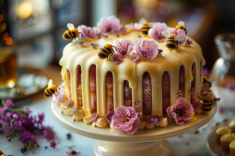 A Cake with Bees and Flowers on it Stock Image - Image of sweetness ...
