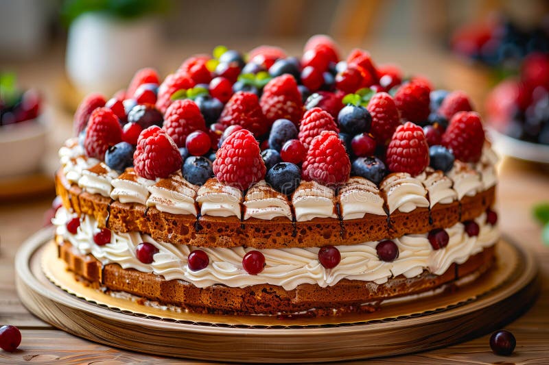A Cake with Berries and Cream on Top Stock Image - Image of creme ...