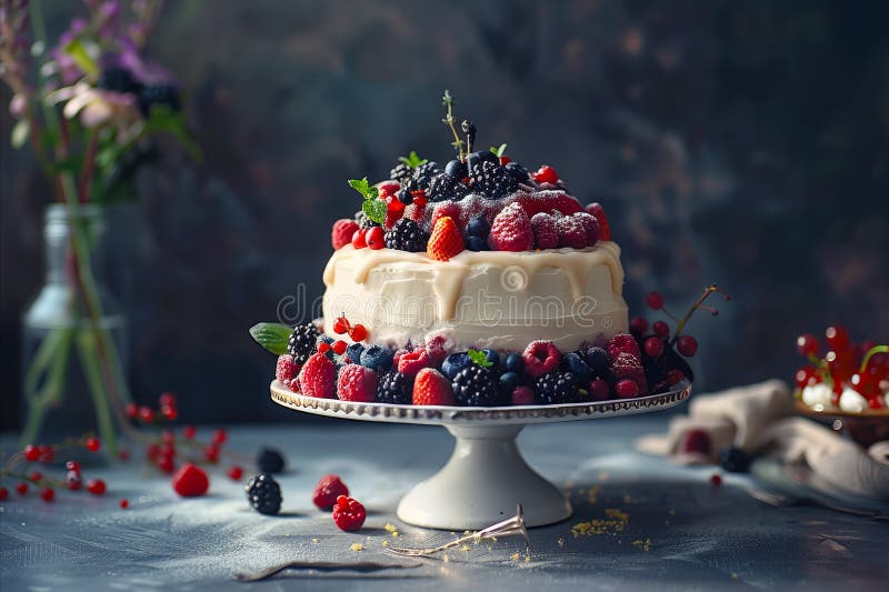A Cake with Berries and Whipped Cream on Top Stock Photo - Image of ...