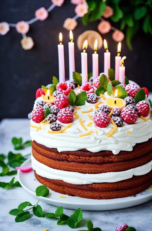 Cake. Birthday Cake with Lit Candles. Generative AI. Stock Illustration ...