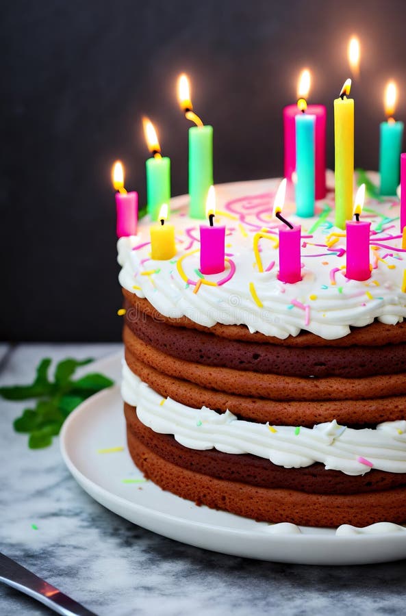 Cake. Birthday Cake with Lit Candles. Generative AI. Stock Illustration ...