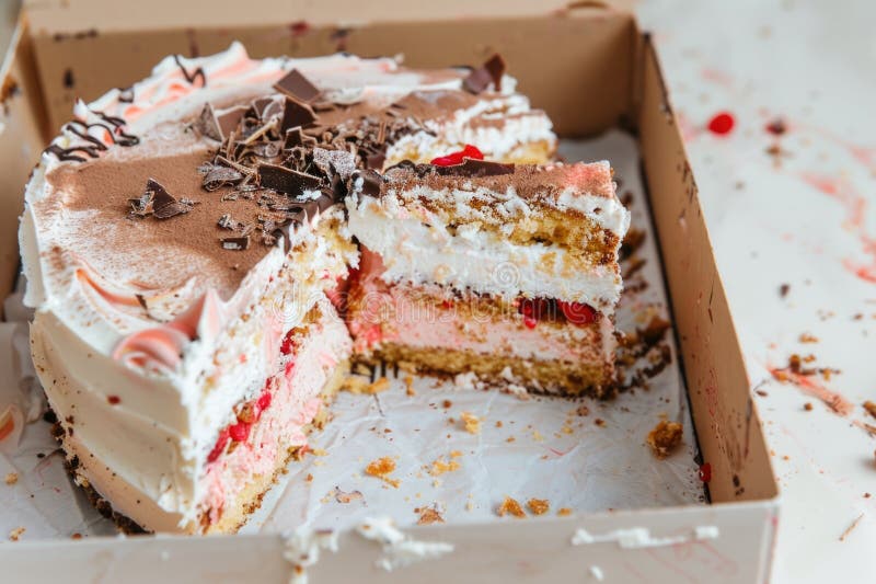 A Cake in a Box with a Slice Missing, Perfect for Bakery or Dessert ...