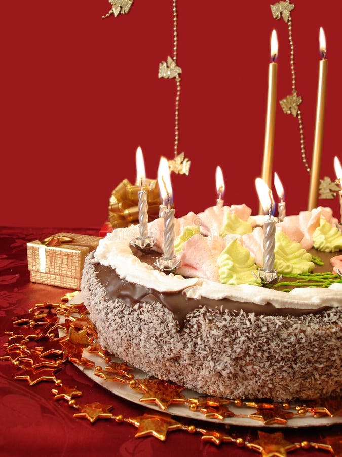 Celebratory Table (cake and Candles, Two Glasses with Champagne, Gift ...