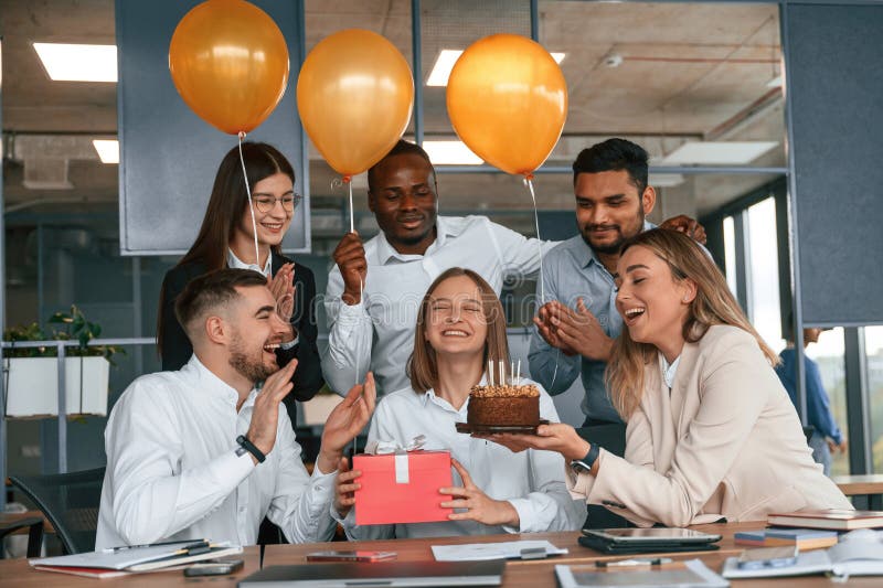 Cake with Candles. Employee Having a Birthday in the Office, Group of ...