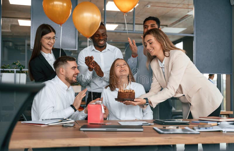 Cake with Candles. Employee Having a Birthday in the Office, Group of ...