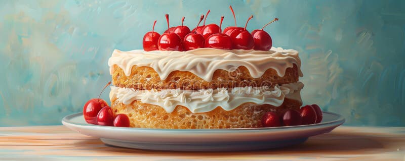 Cake with Cherries Painted on Canvas Stock Illustration - Illustration ...